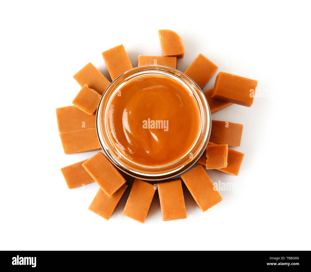 Jar with sweet liquid caramel on white background Stock Photo - Alamy