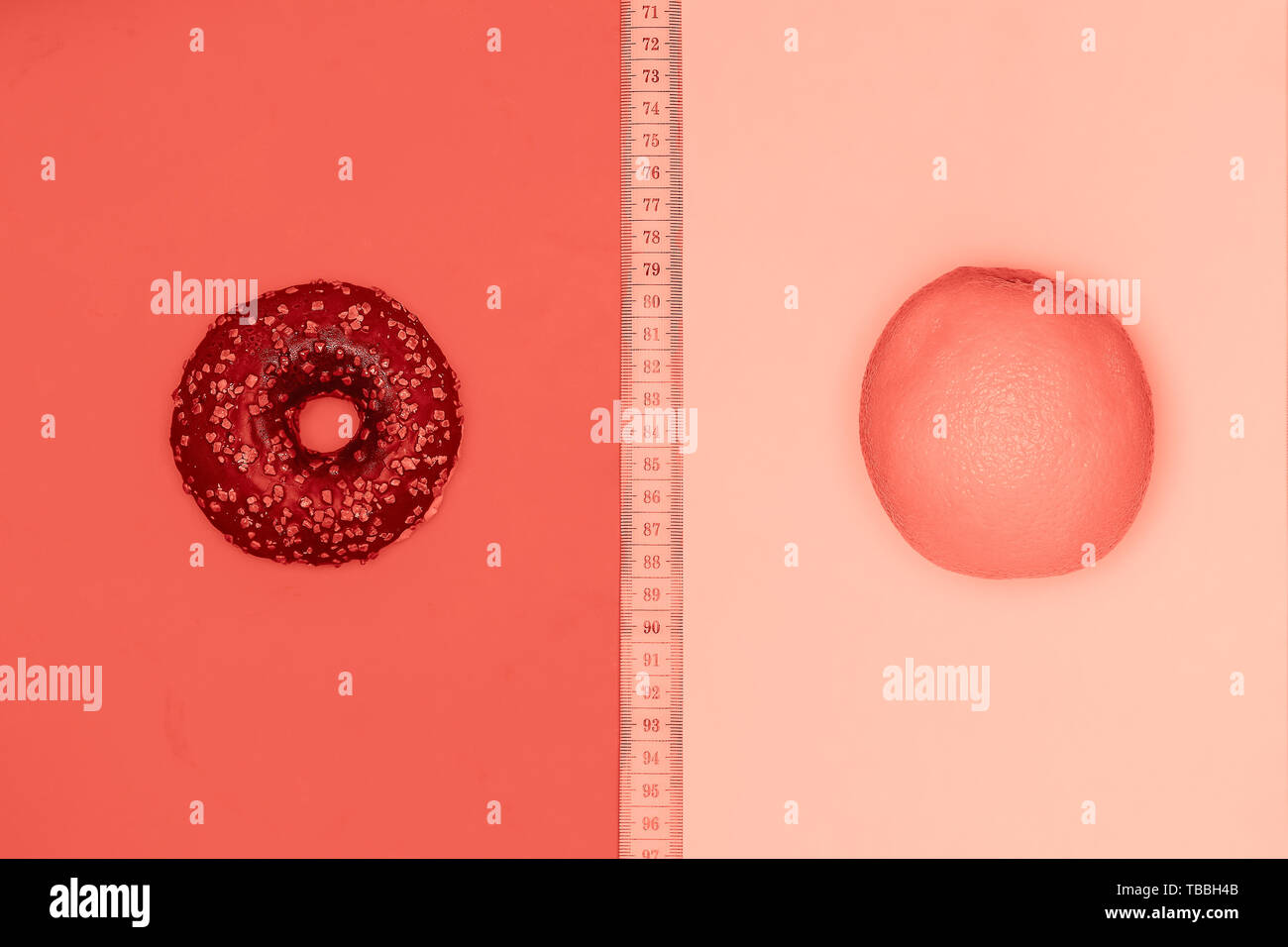 Harmful snack vs healthy food. Choice concept. Donut, orange and ...