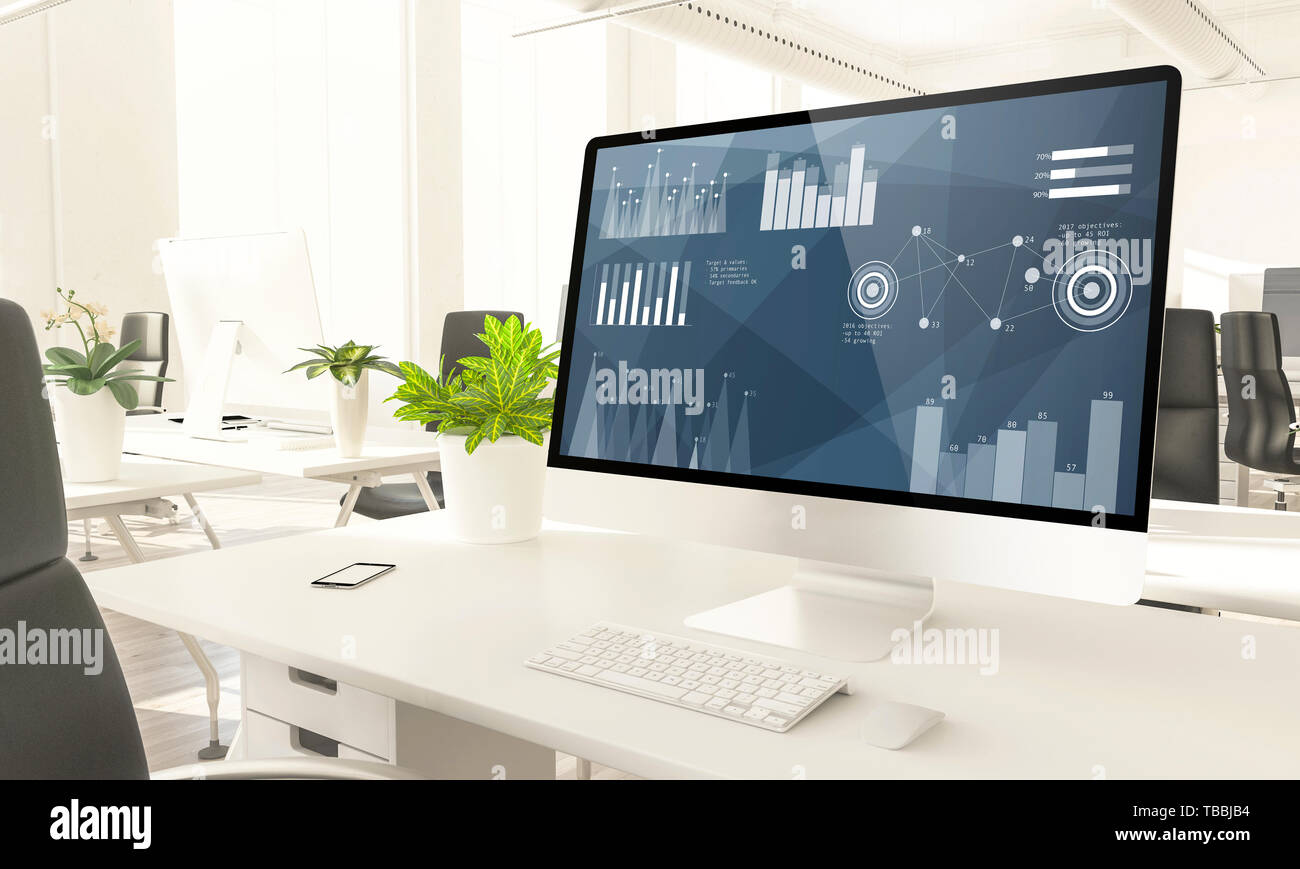 data screen mockup computer in loft office 3d rendering Stock Photo - Alamy