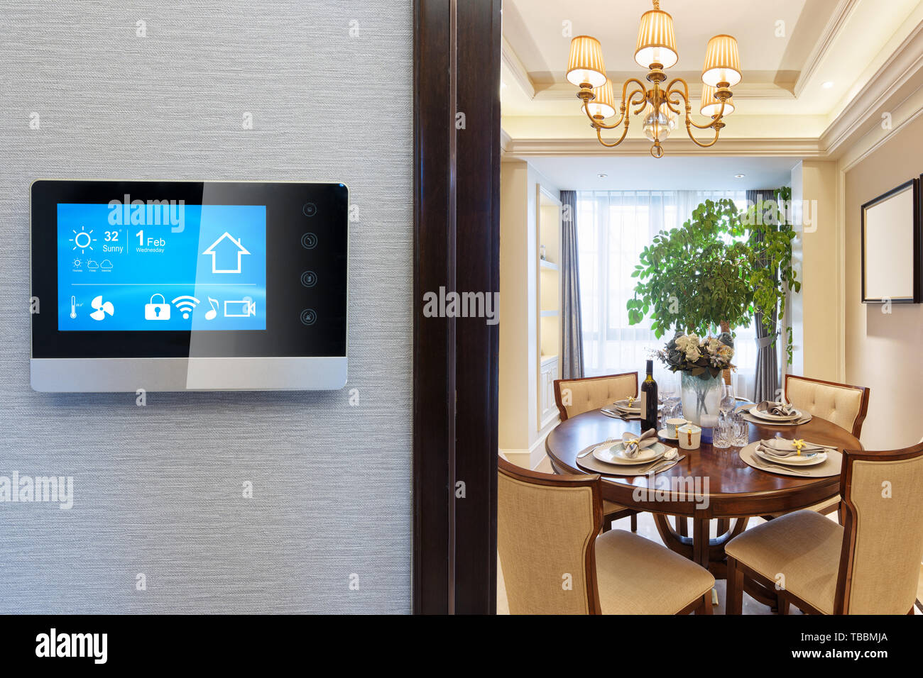smart screen with smart home with modern dining room Stock Photo - Alamy