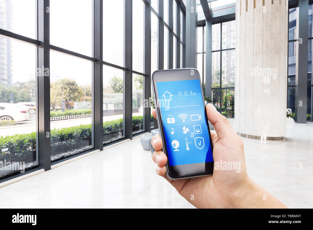 smart phone with smart home with modern hall Stock Photo - Alamy