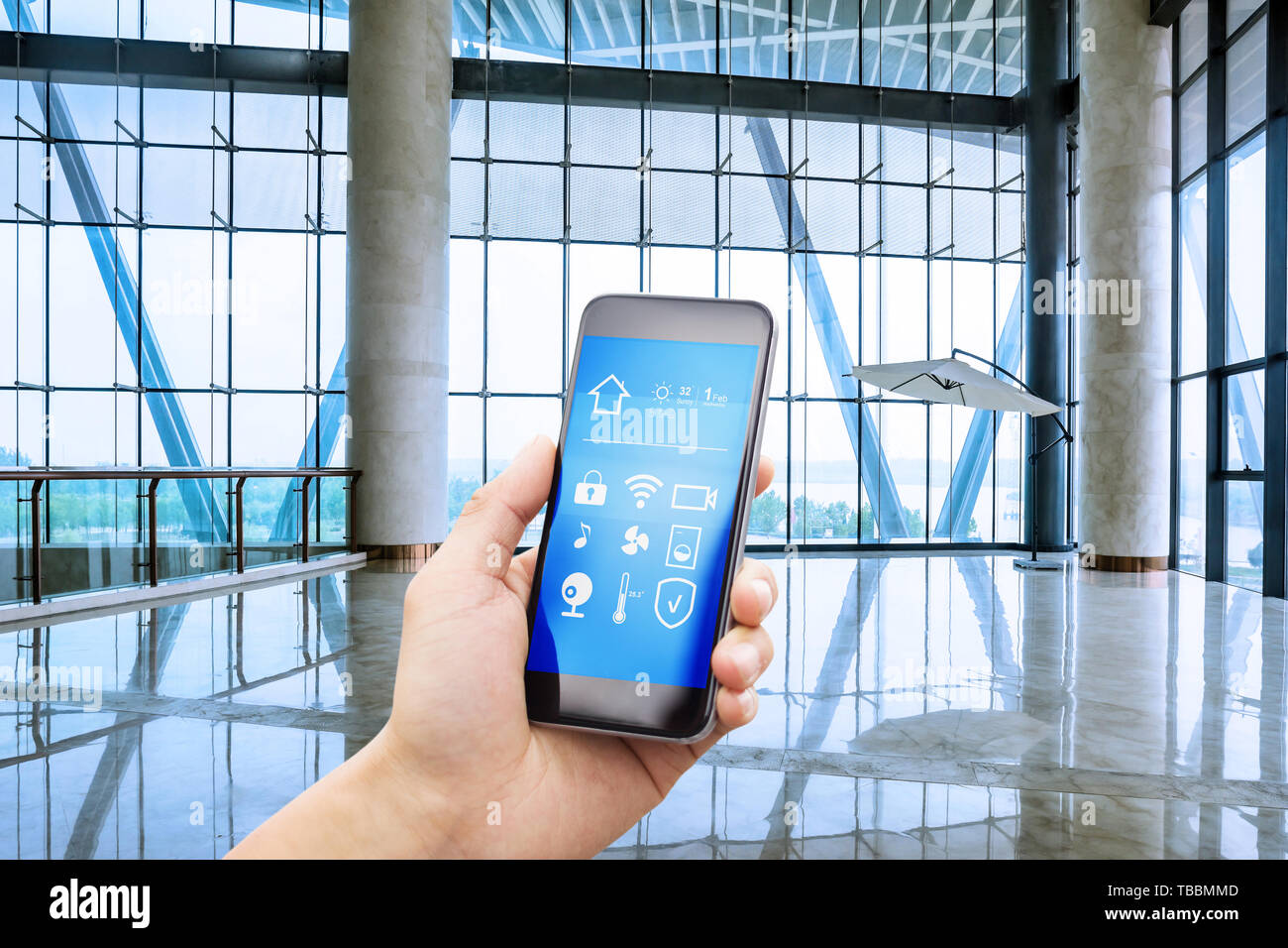 smart phone with smart home with modern hall Stock Photo - Alamy