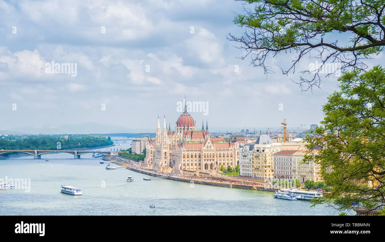 A landscape view of Budapest city, the Hungarian parliament building ...