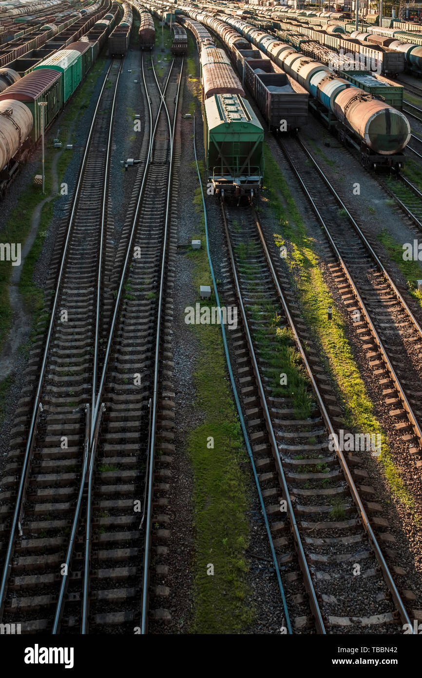 Cargo railway transportation industry. Railway yard from top view Stock ...
