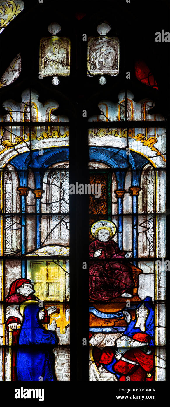 Sixteenth century stained glass window detail Fairford, Gloucestershire ...