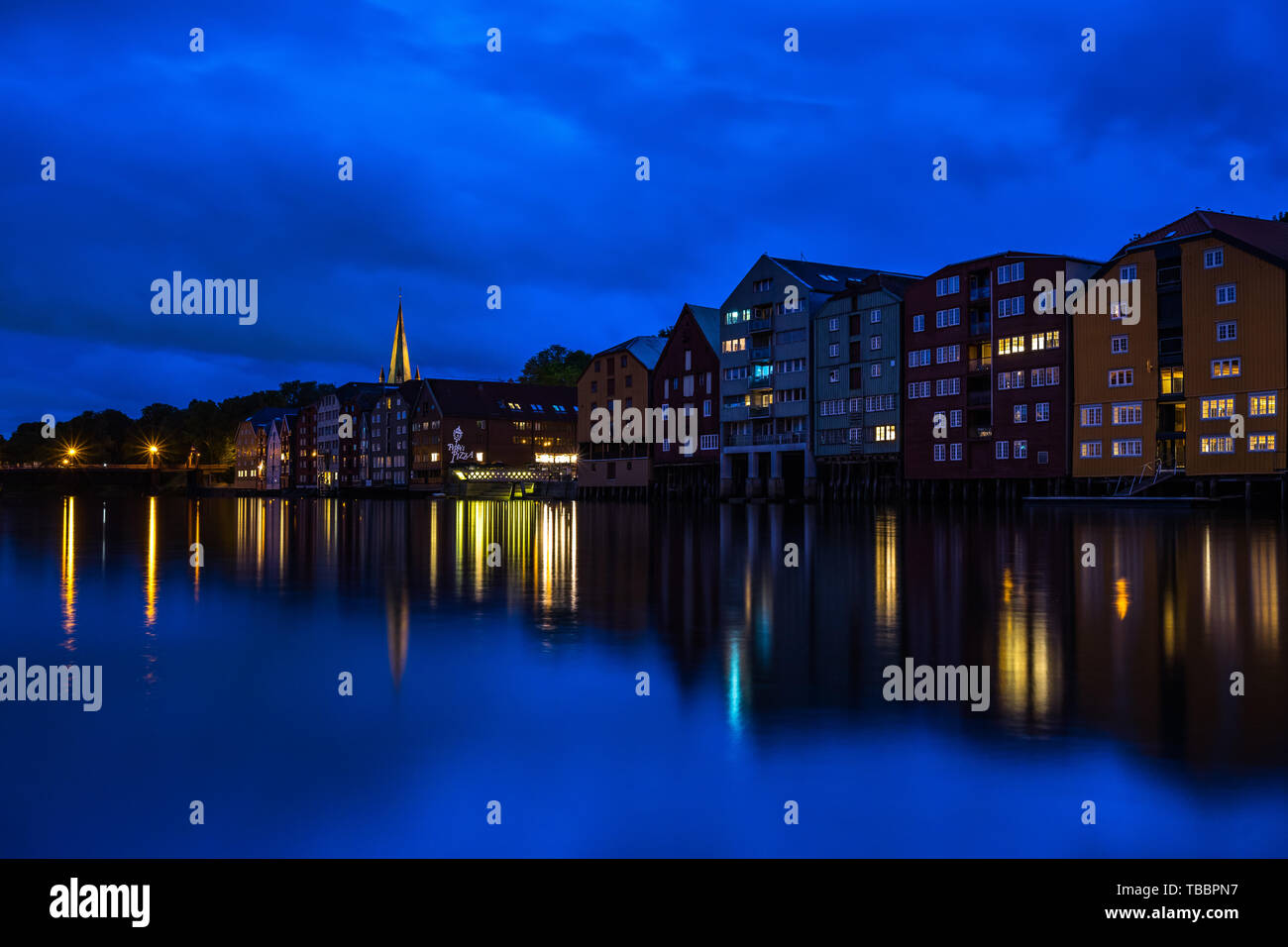 Trondheim cityscape at the blue hour with typical buildings along ...