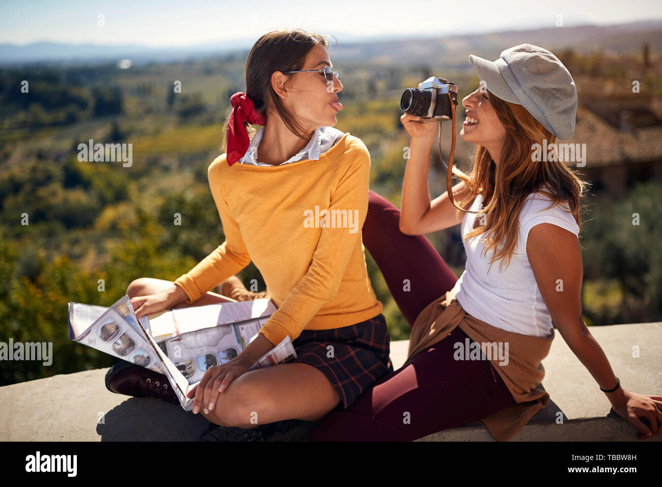 Fun travel – Happy friends enjoying in vacation time and taking picture ...