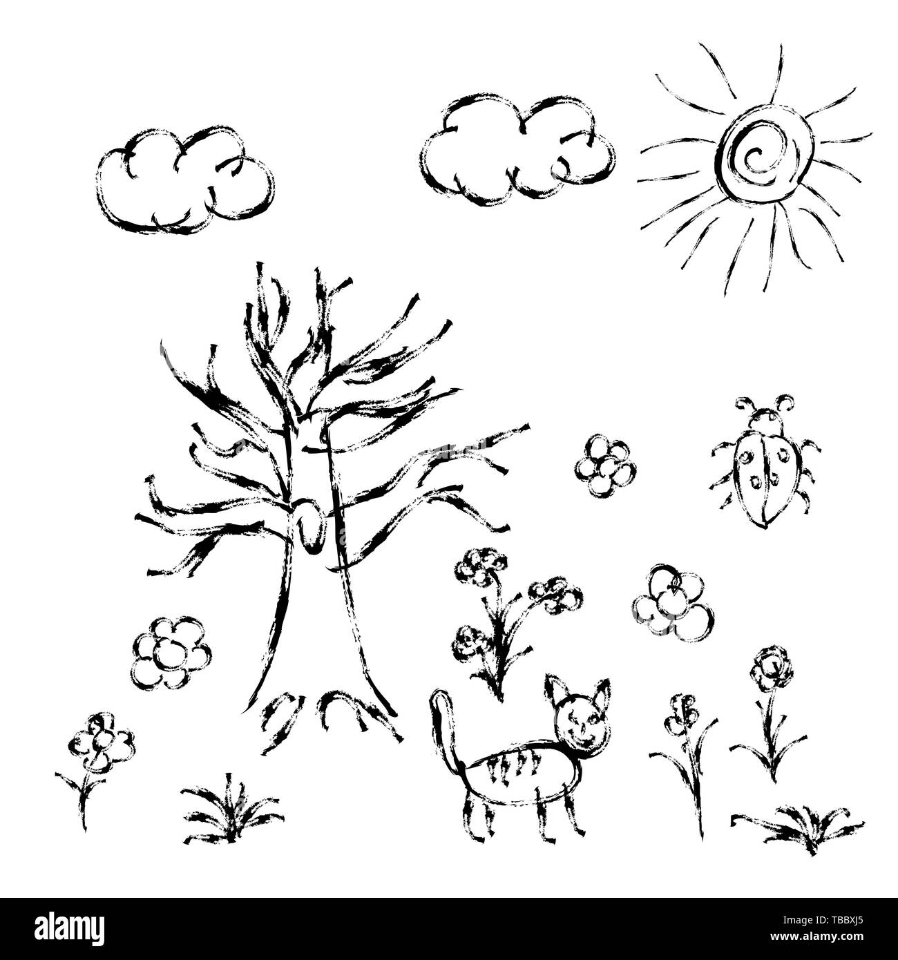 Cute child's hand drawn meadow with flowers and cat isolated on white ...