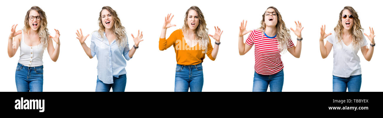Collage of young beautiful blonde girl over isolated background crazy ...