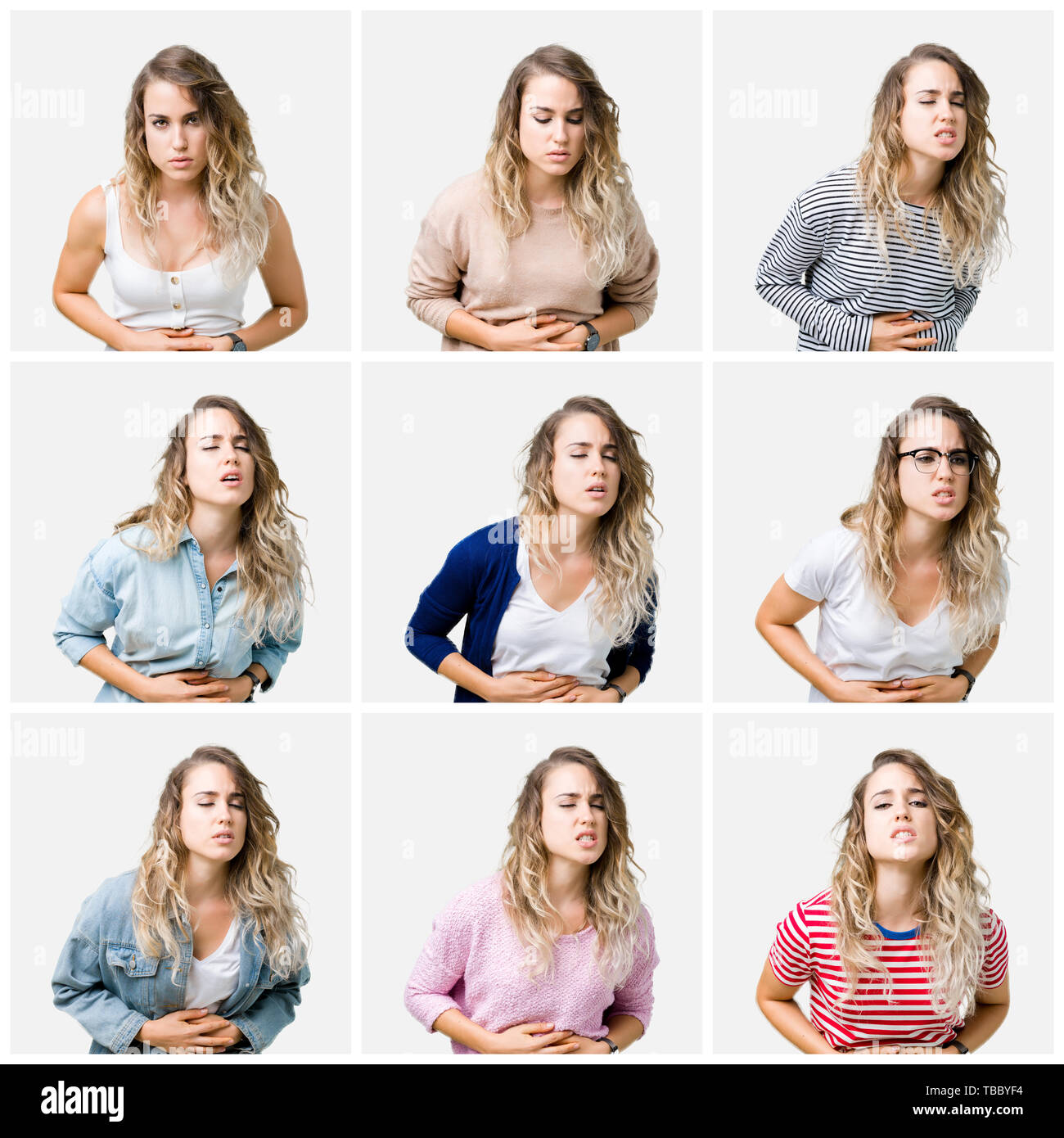 Collage of young beautiful blonde girl over isolated background with ...