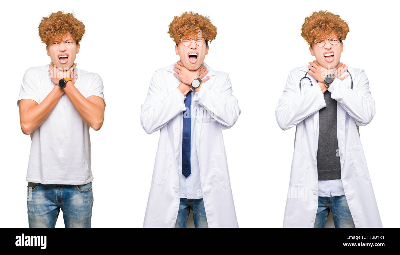 Collage of young doctor man wearing medical coat over isolated white ...