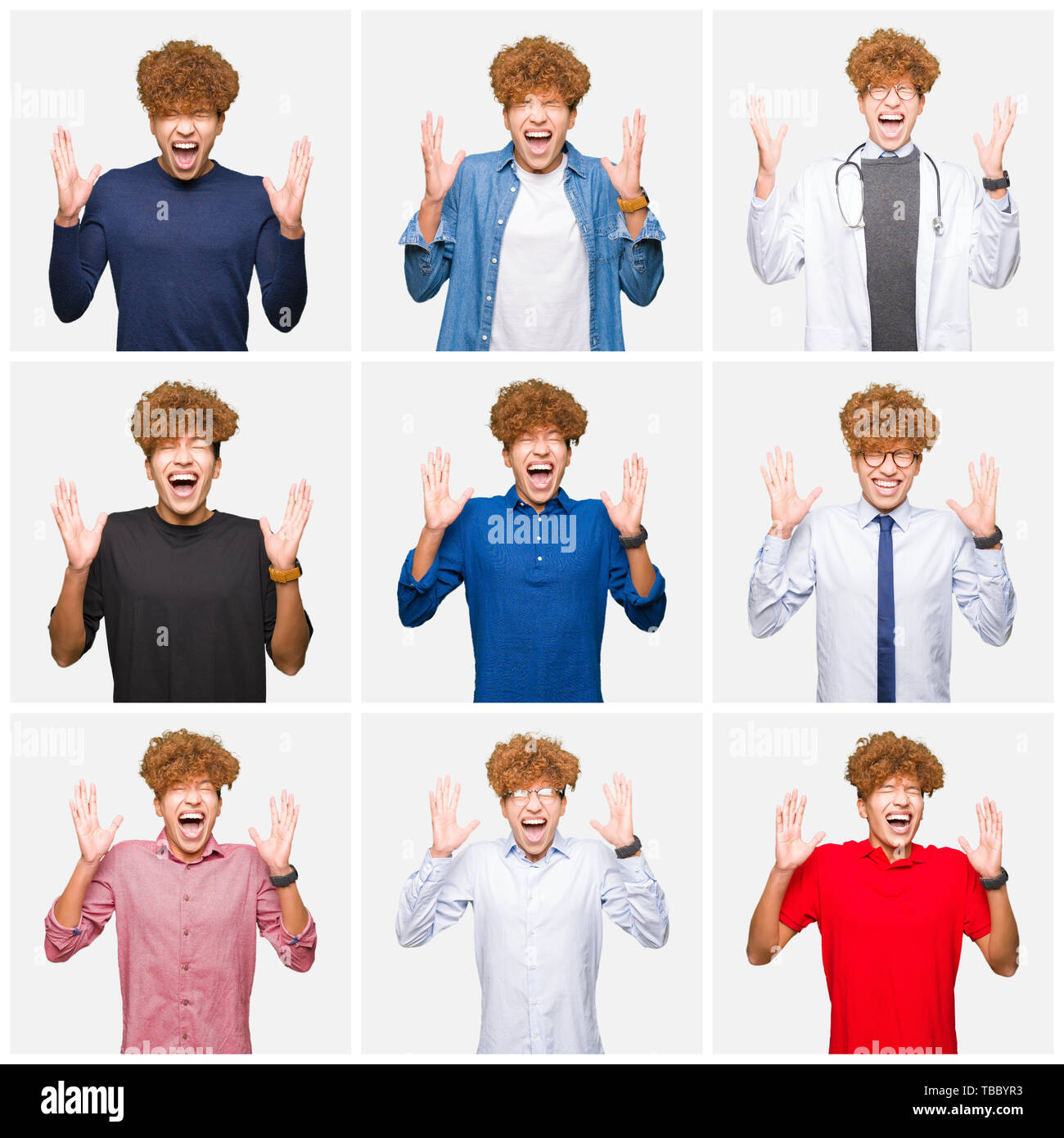 Collage of young man wearing different looks over isolated white ...