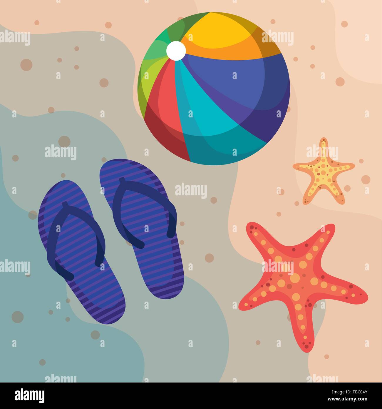 flip-flop with beach ball and starfishes in the sand Stock Vector Image ...