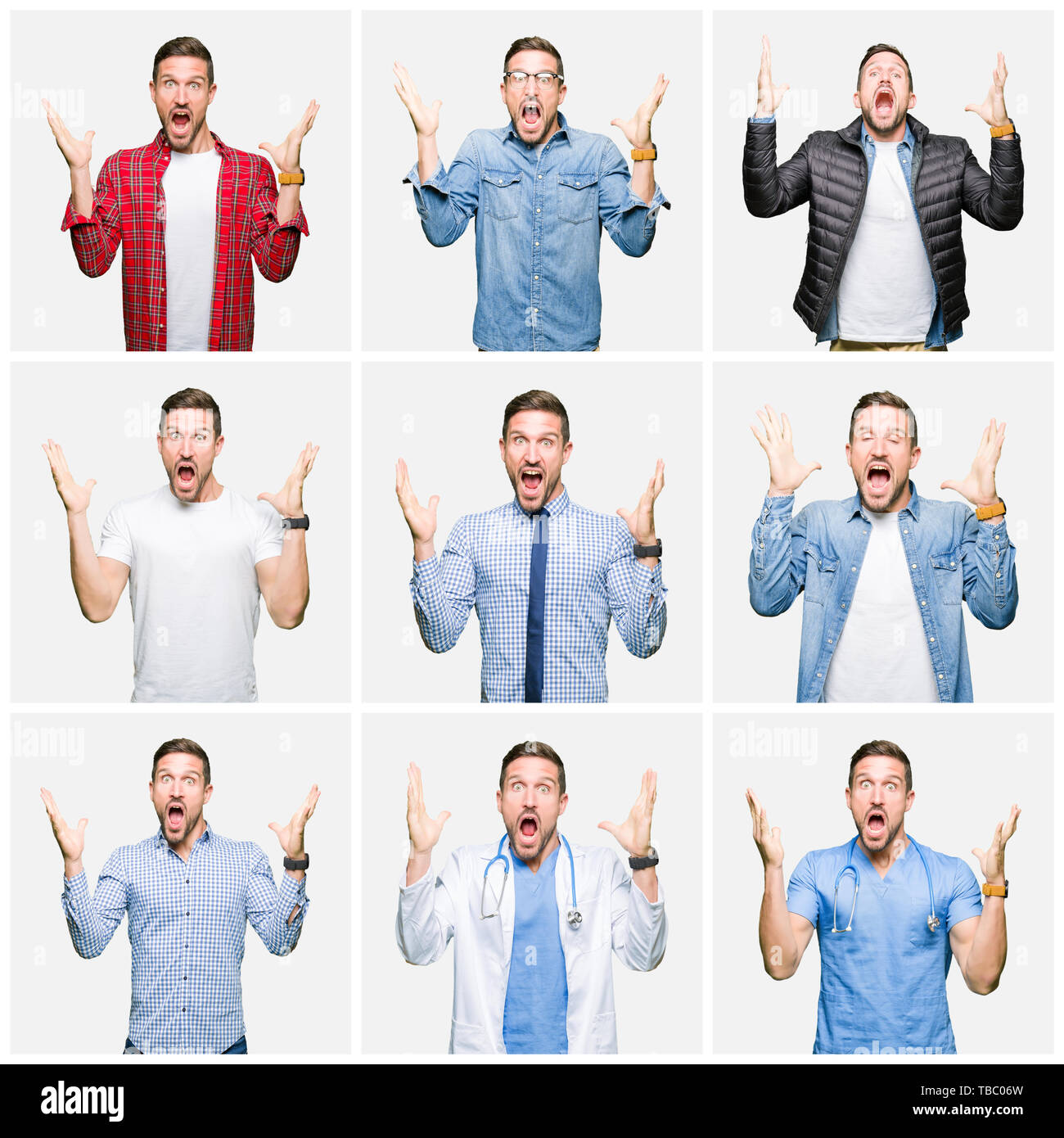 Collage of attractive young man over white isolated background ...