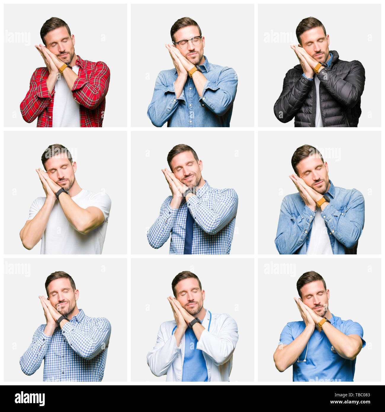 Collage of attractive young man over white isolated background sleeping ...