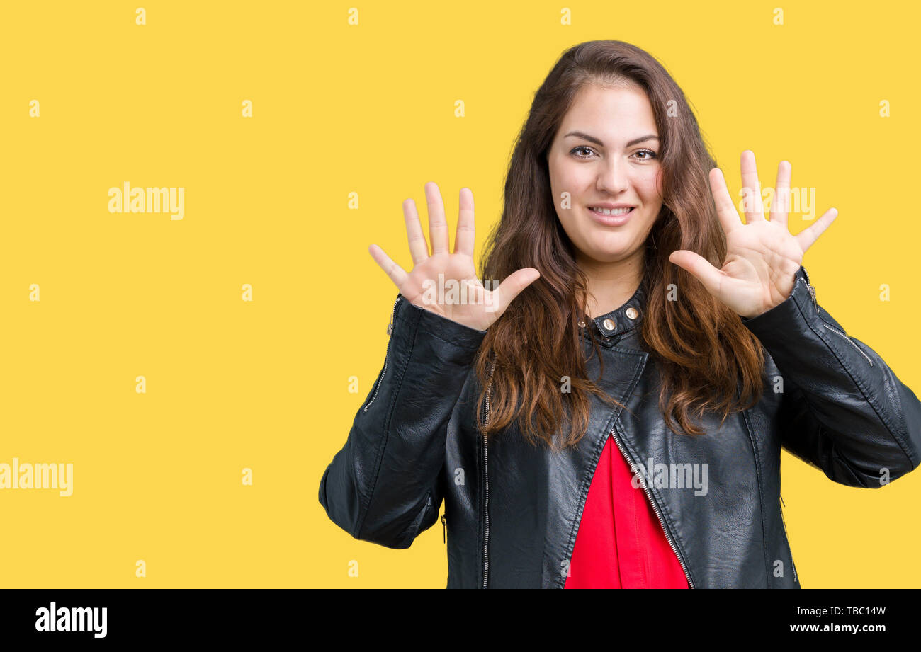 Beautiful plus size young woman wearing a fashion leather jacket over ...