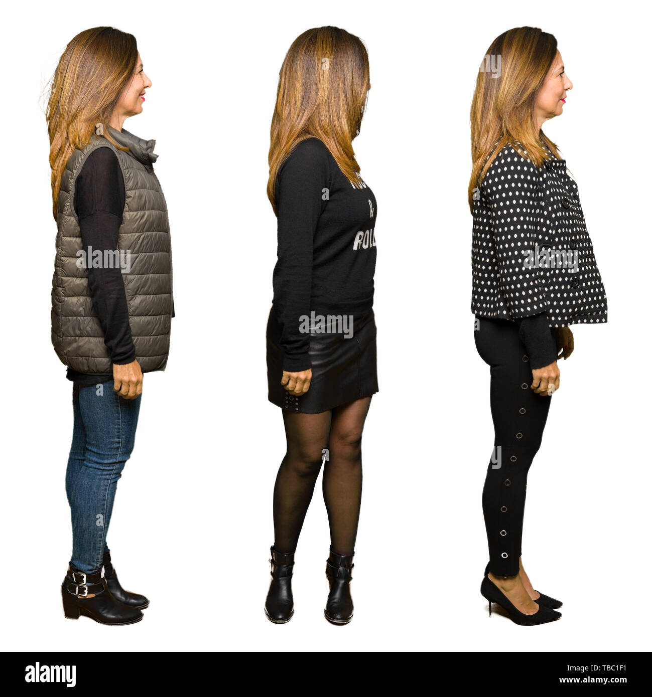 Collage of beautiful and fashion middle age woman over white isolated ...