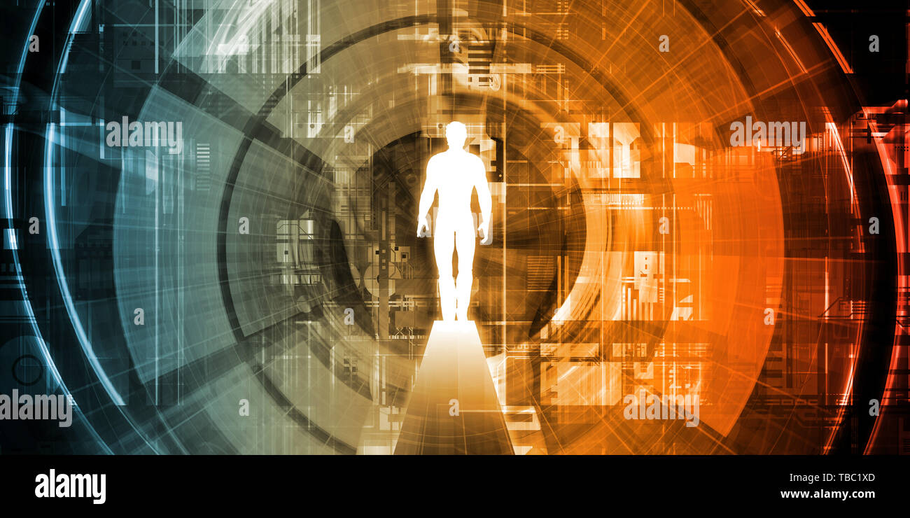 Empowered by Technology with Man Standing in Digital Portal Stock Photo ...