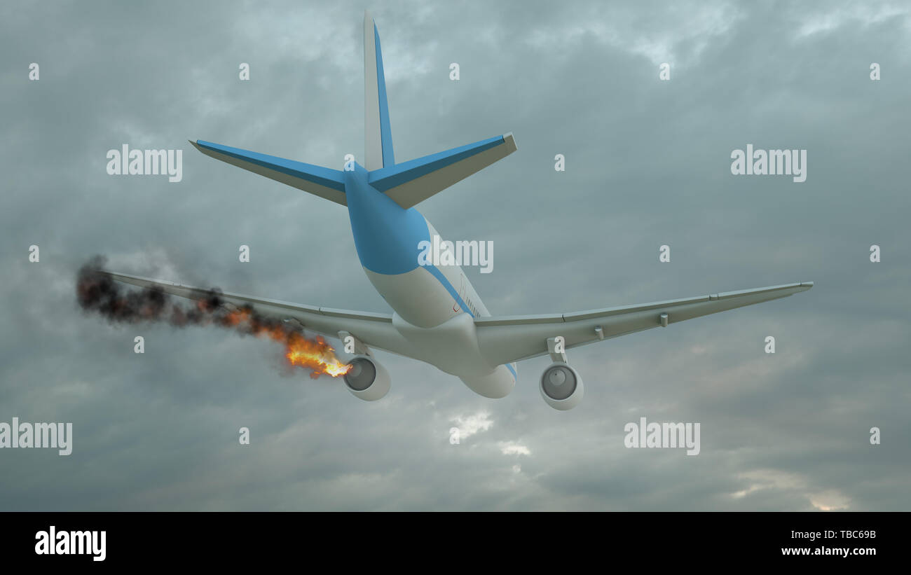 Commercial airplane with engine on fire, concept of aerial disaster. 3D ...