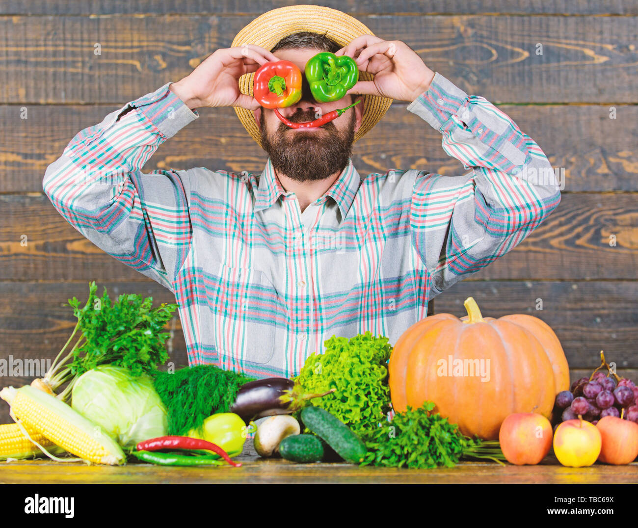 Chilli and sweet pepper as smile and eyes. Bearded farmer hold peppers ...
