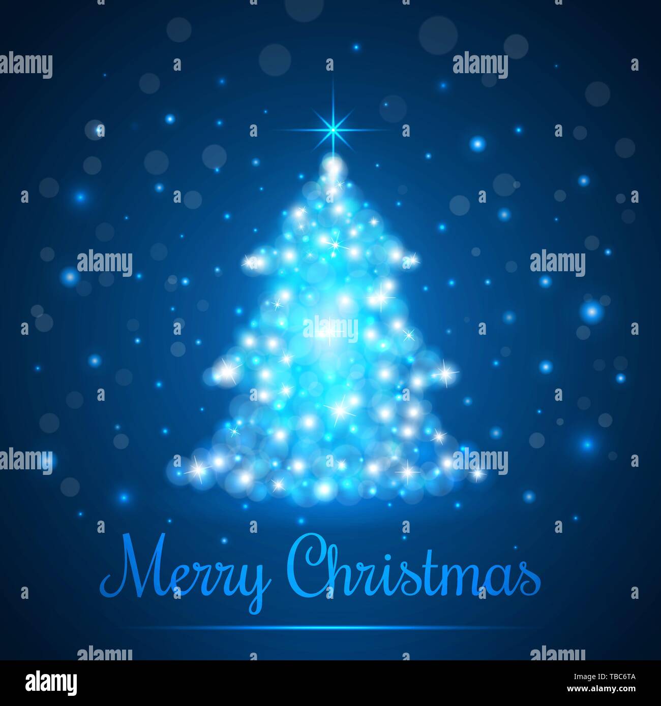 Shining Christmas Tree on Blue Background with Lights. Vector ...