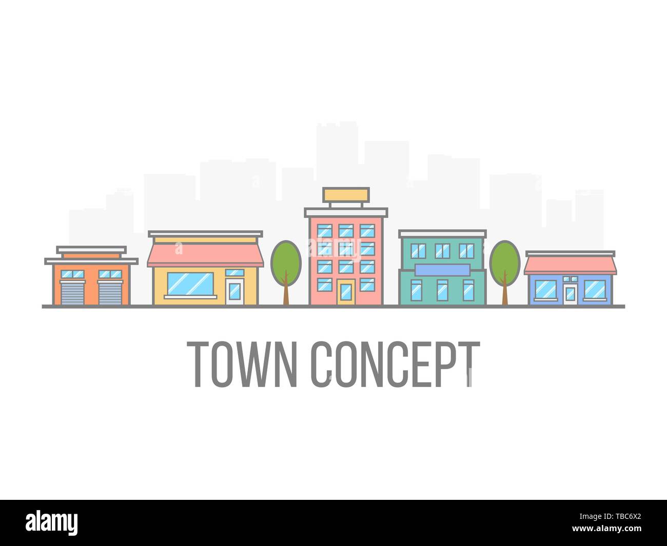 Small town concept. Linear color cityscape. Street with hotel, garage ...