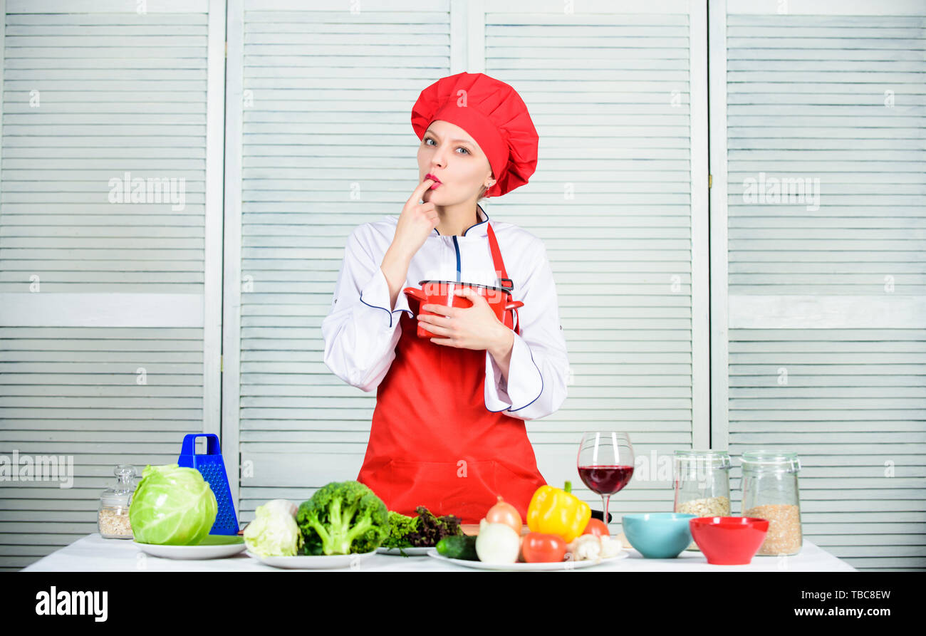 restaurant menu. Dieting. professional chef in kitchen. woman in cook ...