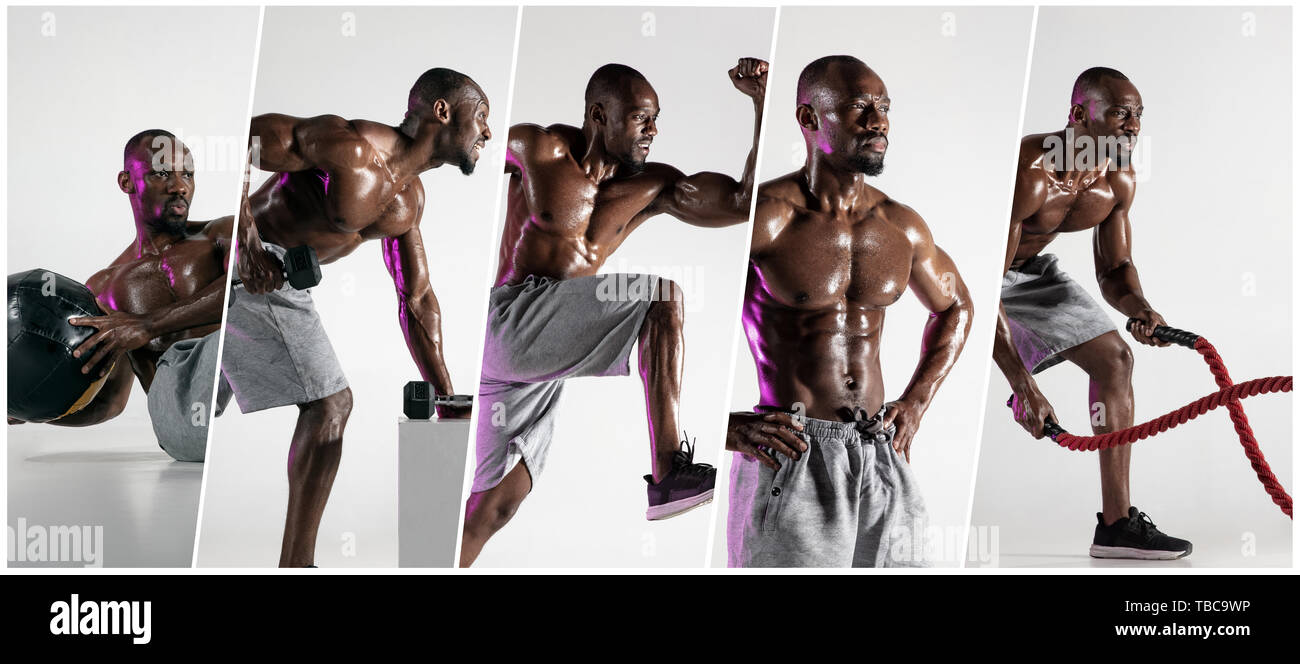 Muscular young male athlete, creative collage with the different photos ...