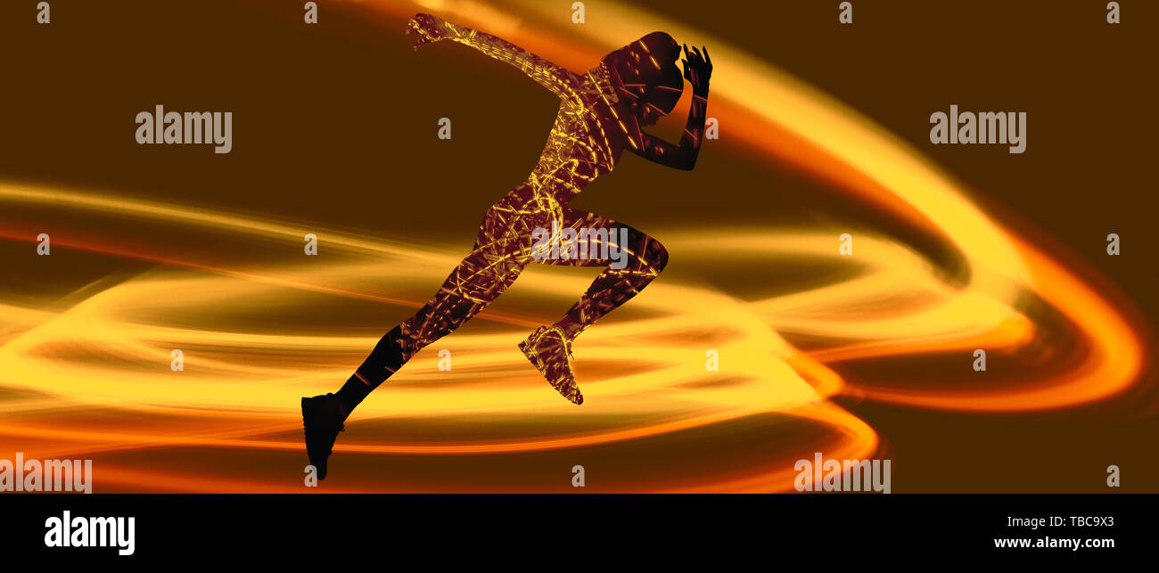 Caucasian female silhouettes of one professional runner running and ...