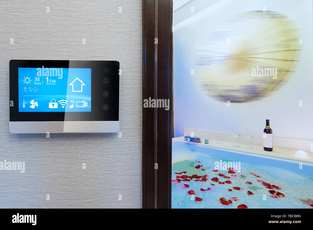 smart screen with smart home with modern spa bathroom Stock Photo - Alamy