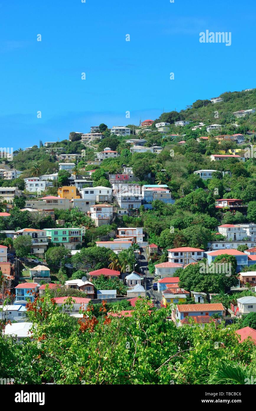 Virgin Islands St Thomas harbor view with islands building and mountain ...