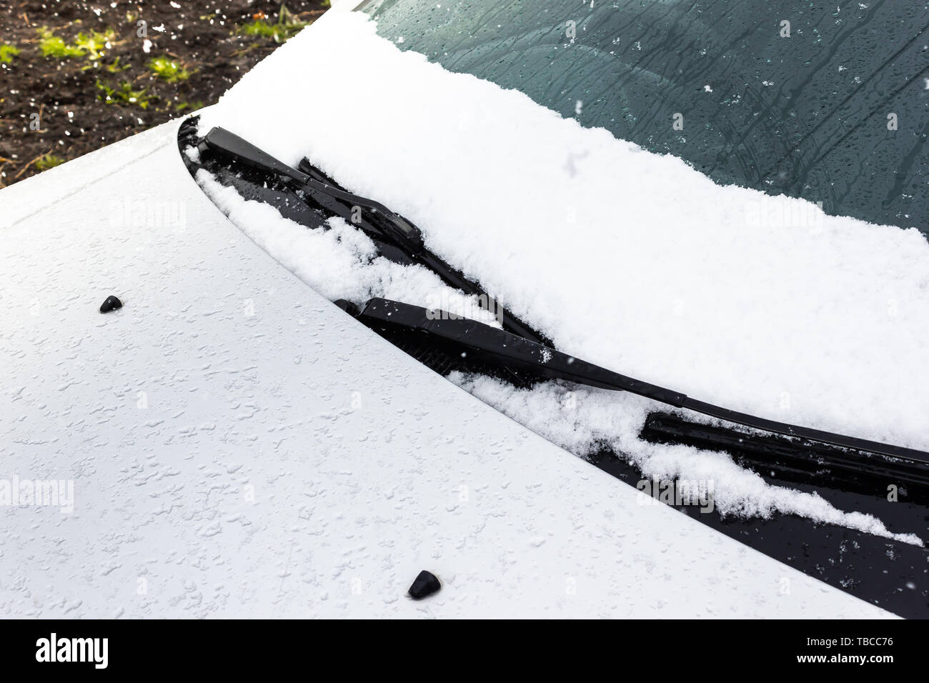 Car windshield and wiper under snow. Snowfall in city, changing weather ...