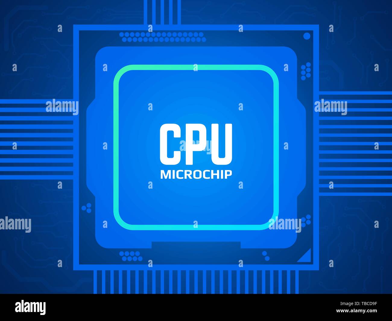 Cpu Chip On Circuit Board Blue Microprocessor And Motherboard Abstract Technological Concept