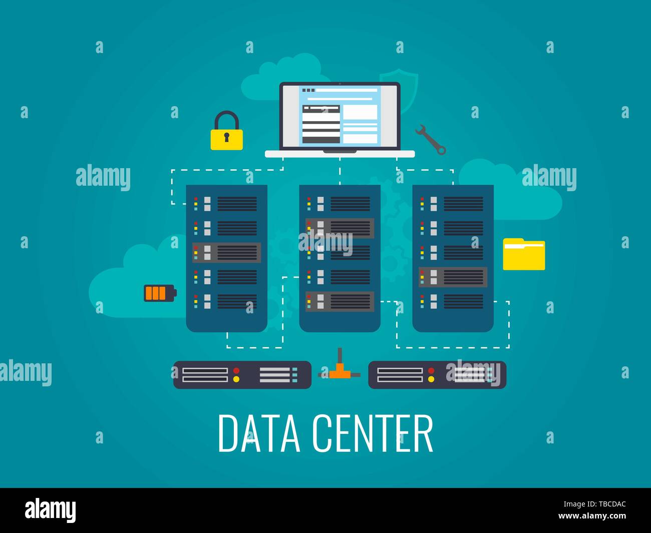 Data Center. Cloud technologies concept. Computer server design. Web hosting and cloud database ...