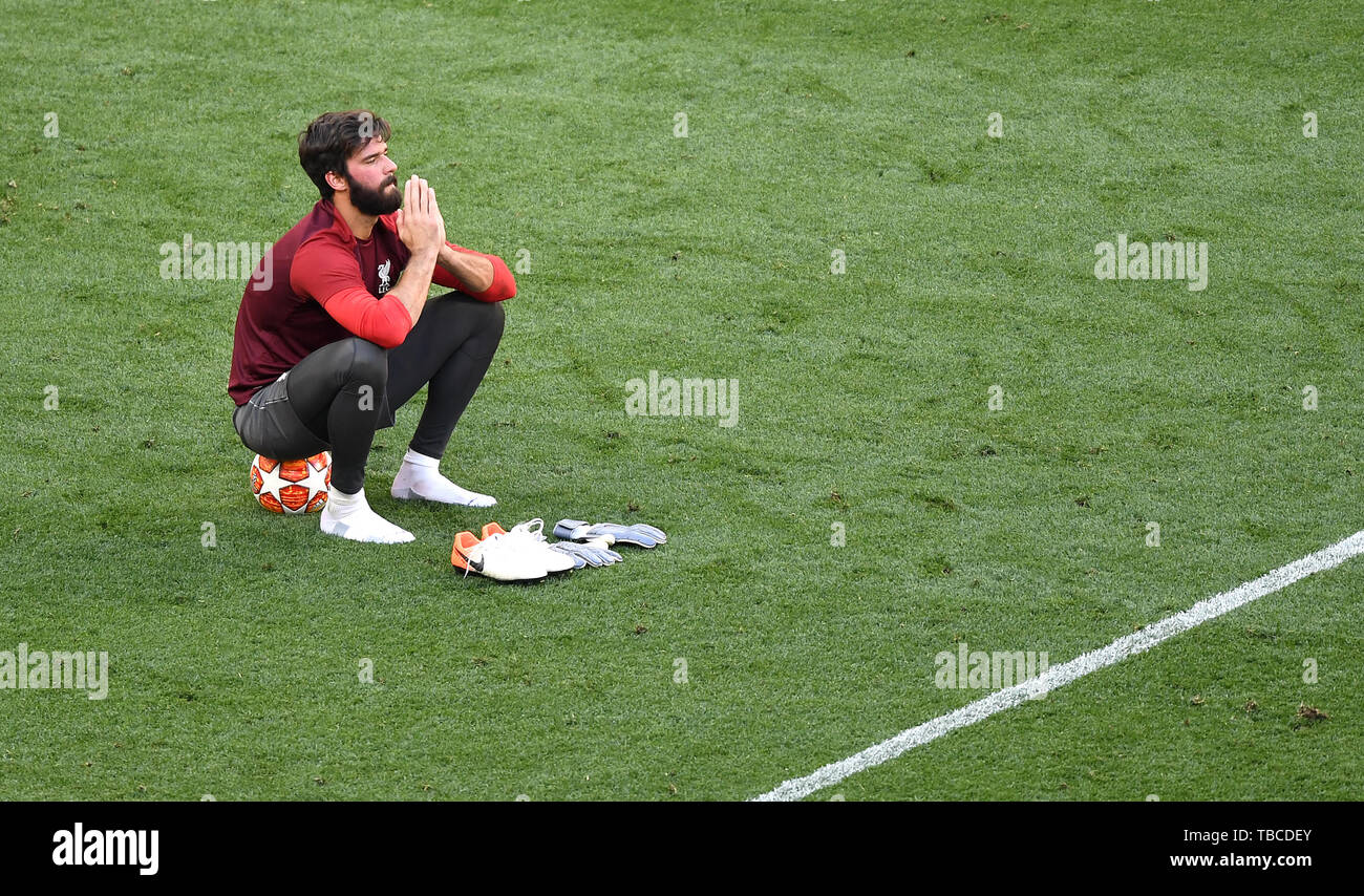 Liverpool goalkeeper Alisson Becker during a training session at the ...