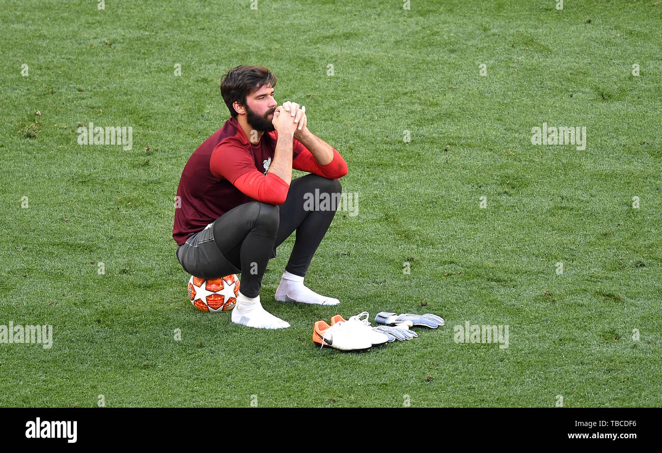 Liverpool goalkeeper Alisson Becker during a training session at the ...
