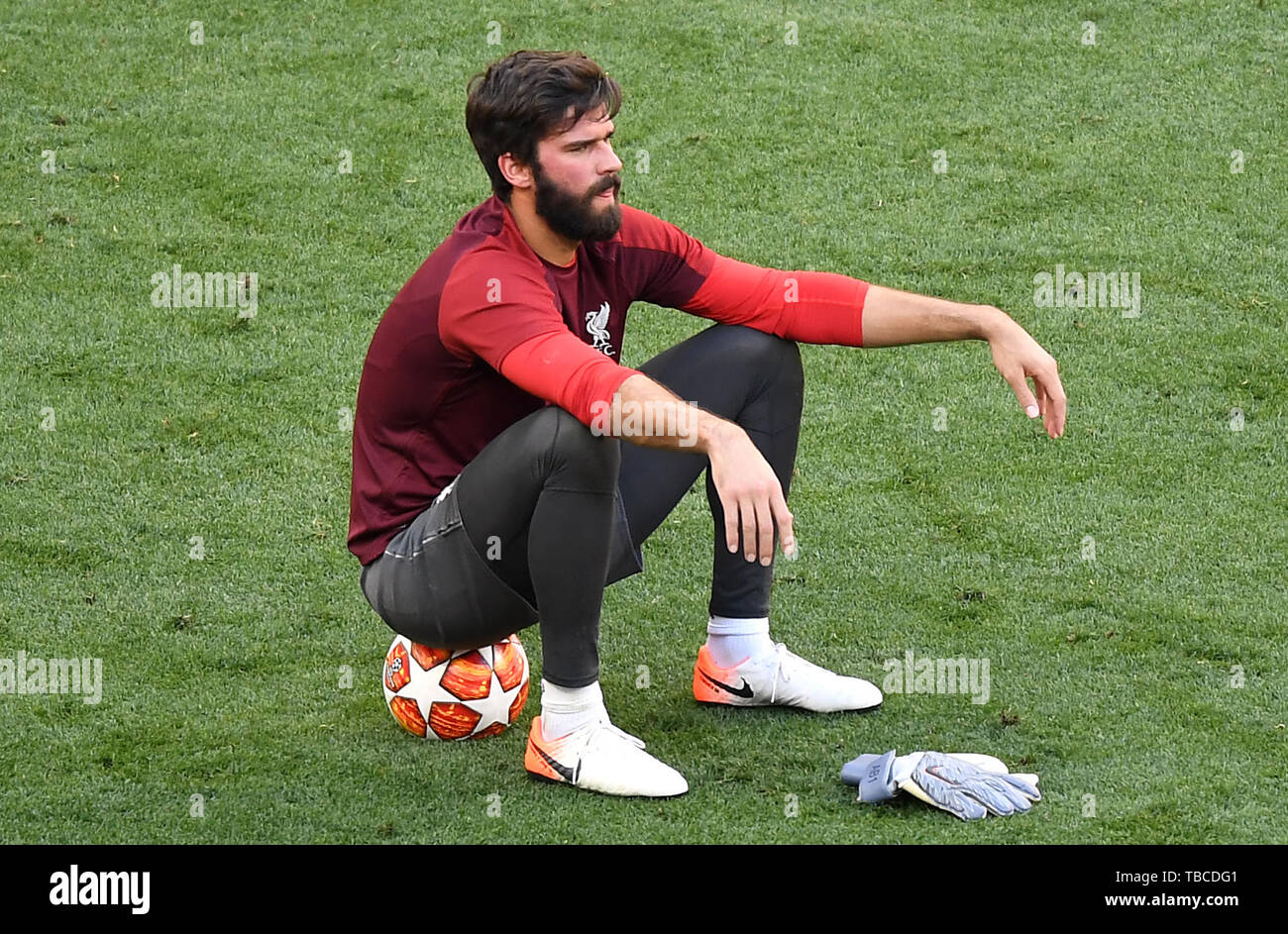 Liverpool goalkeeper Alisson Becker during a training session at the ...
