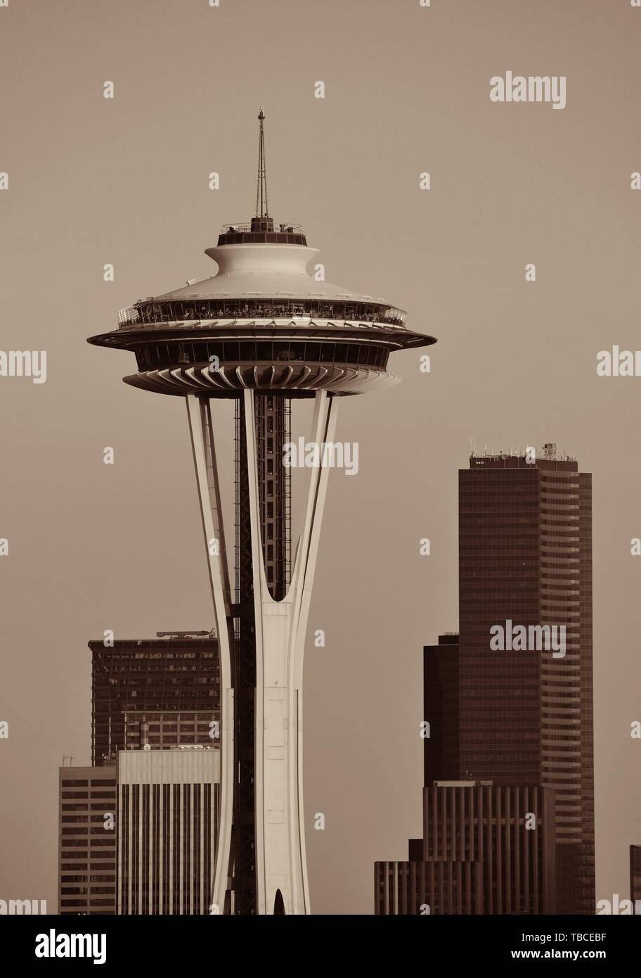 Seattle city skyline at sunset with urban office buildings viewed from ...