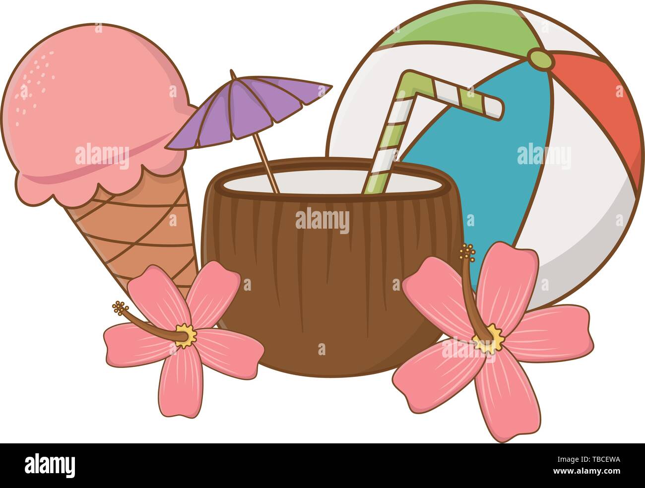 Summer coconut cocktail with beach ball and ice cream cartoons vector ...