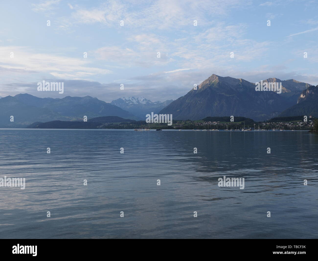 Beautiful lake Thun and Alps Mountains landscapes seen from european ...
