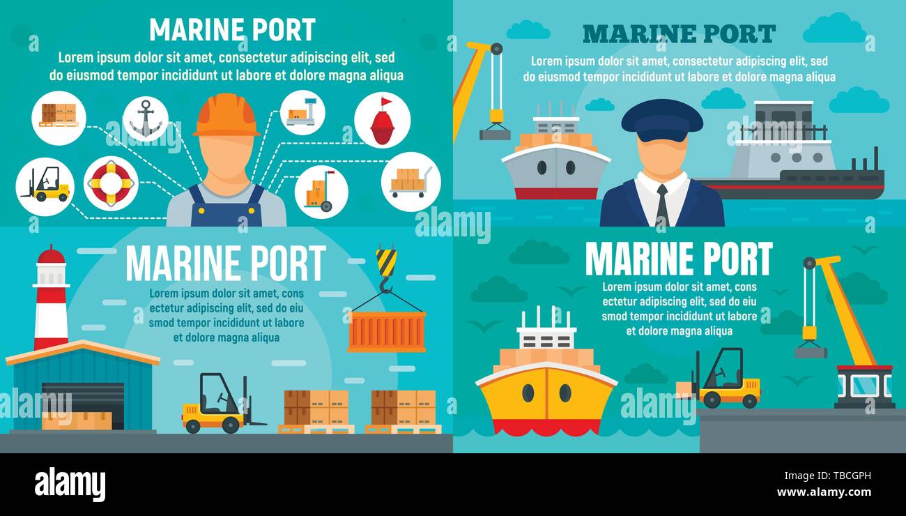 Marine port banner set. Flat illustration of marine port vector banner ...