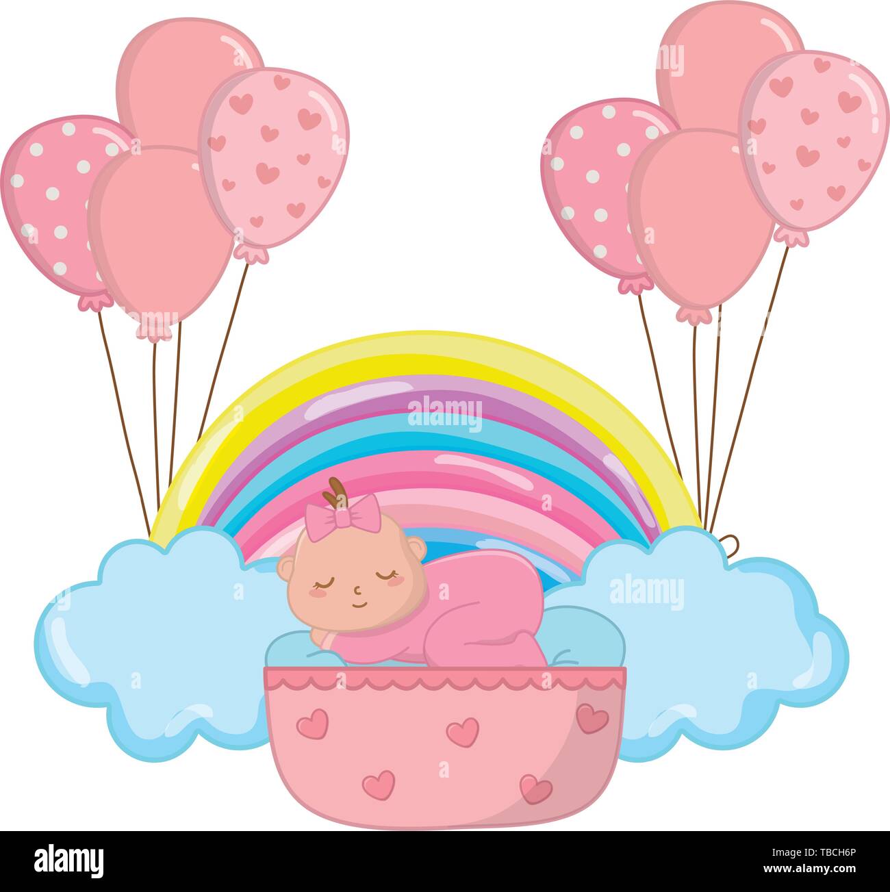baby sleeping in a cradle hanging from balloons with clouds and rainbow ...