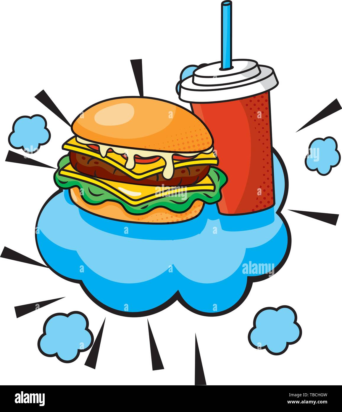 hamburger and soda paper cup with straw pop art vector illustration ...