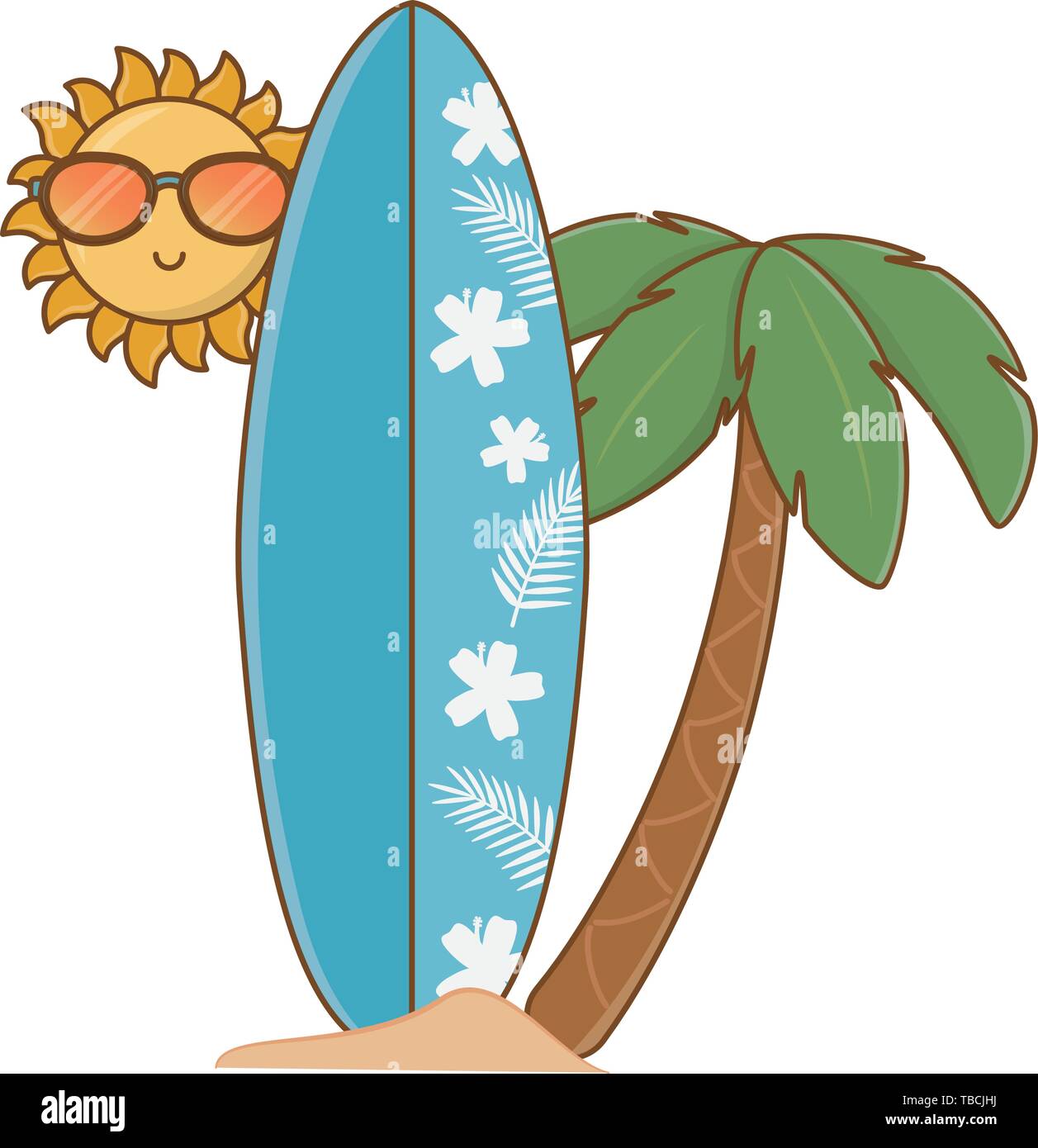 Summer and beach surf table palm and sun cartoons vector illustration ...