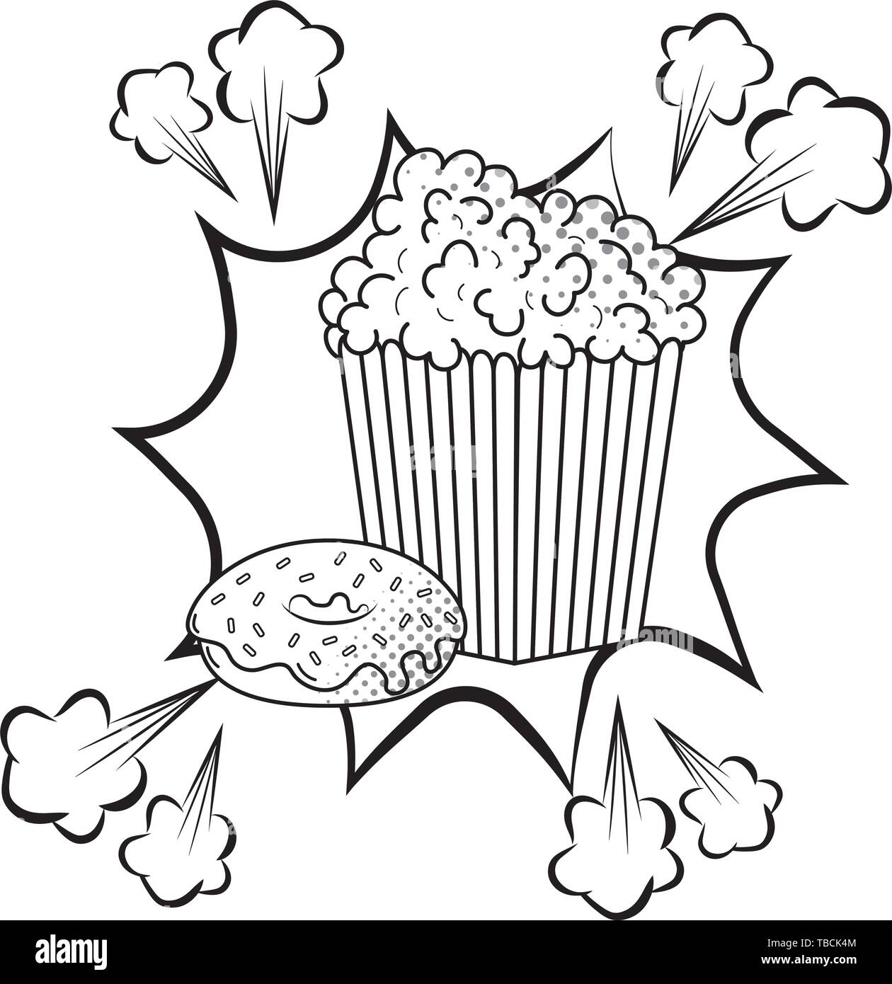 pop corn and donut icon cartoon pop art background black and white ...