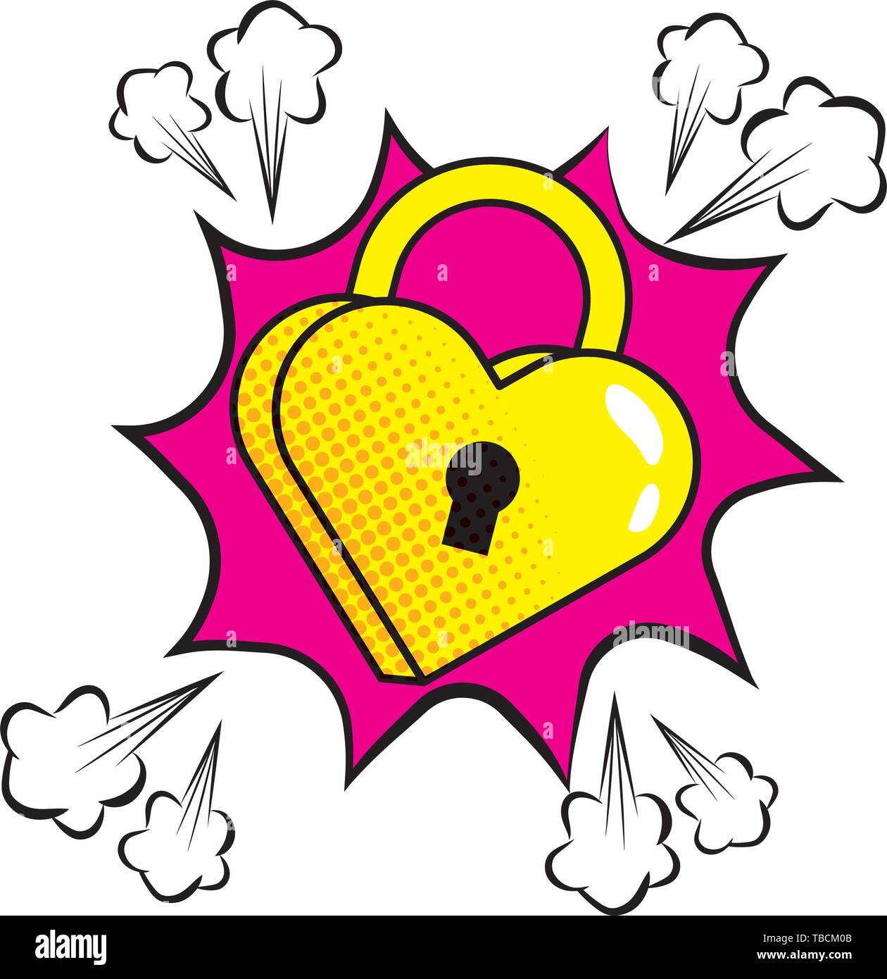 Pop art padlock heart shape lovely cartoon on explosive background ...