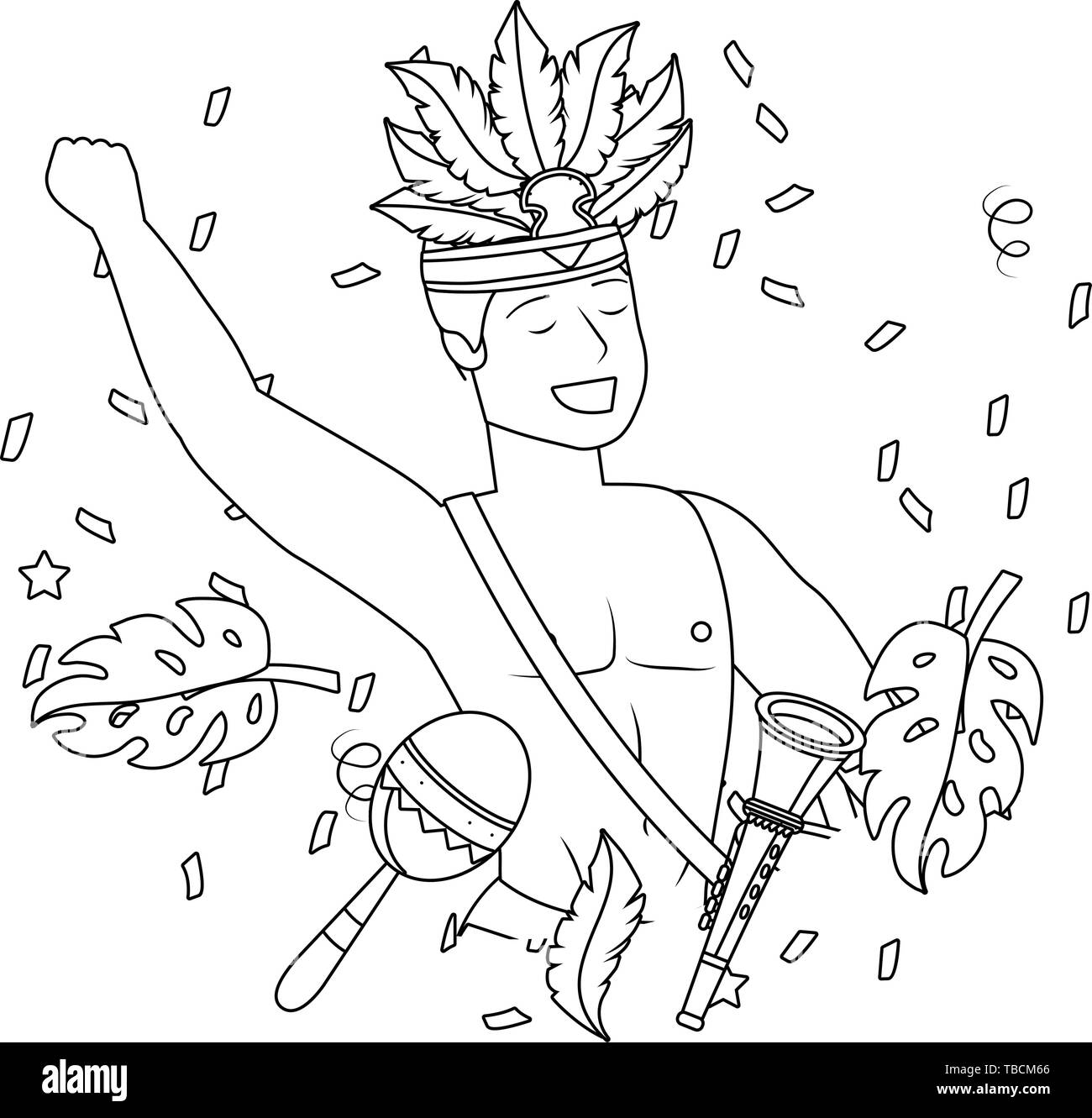 man with feather headdress celebrating with maraca drum and trumpet ...