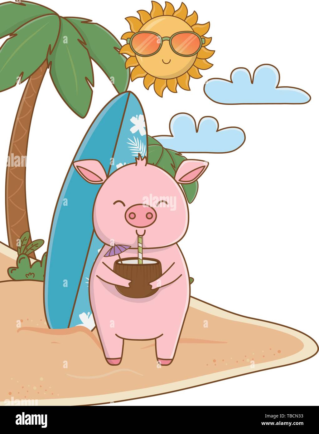 cute animal pig enjoying vacations and summer time, travel and relax ...