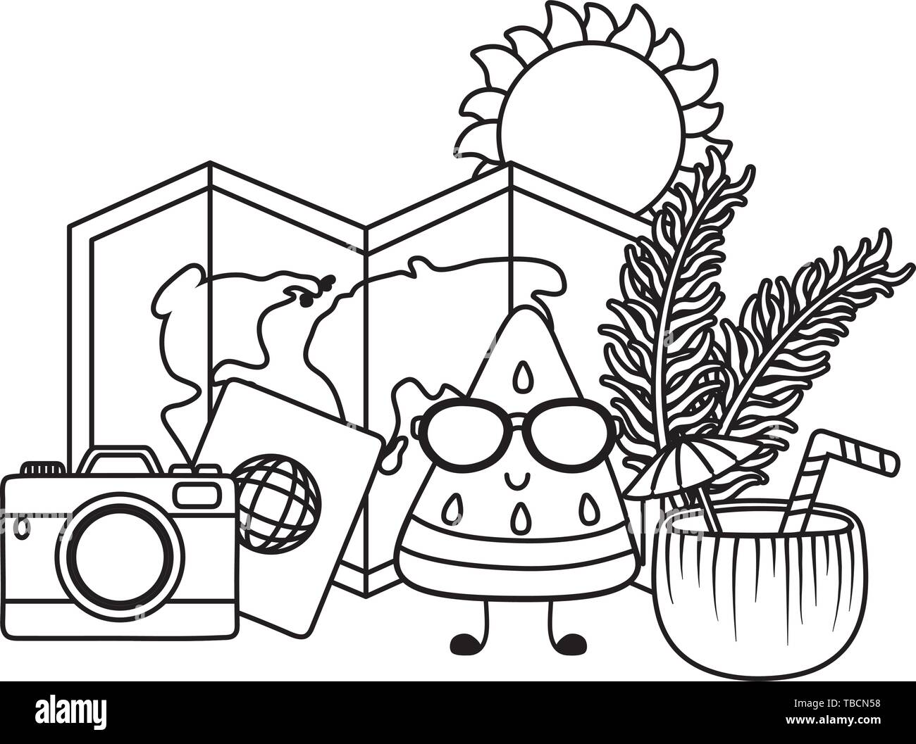 Summer watermelon with cocktail passport camera and world map cartoons ...