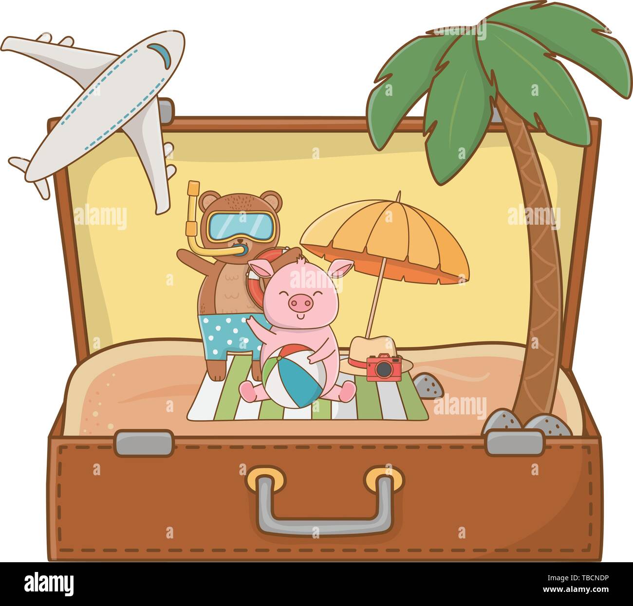 summer vacation relax time cute little happy animals pig and bear ...